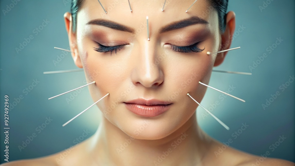 Close-up of a serene woman's face with tiny needles inserted at ...