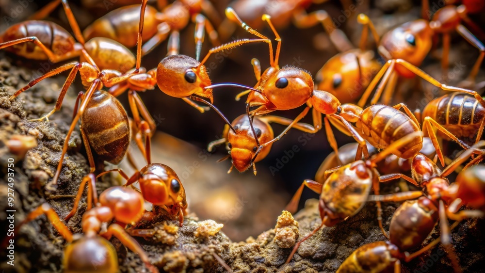 Close-up of fire ants and thief ants exchanging food in a intricate ...