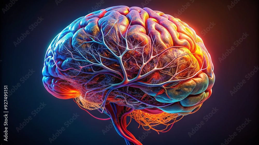 Colorful 3D medical imaging scan of the human brain highlighting ...