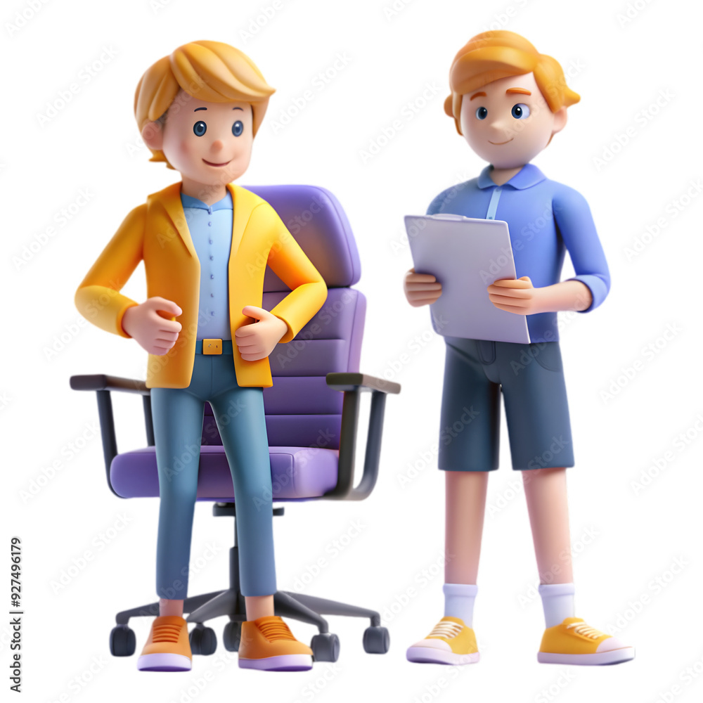 3D Cartoon Characters in Office Setting with Chair and Clipboard ...