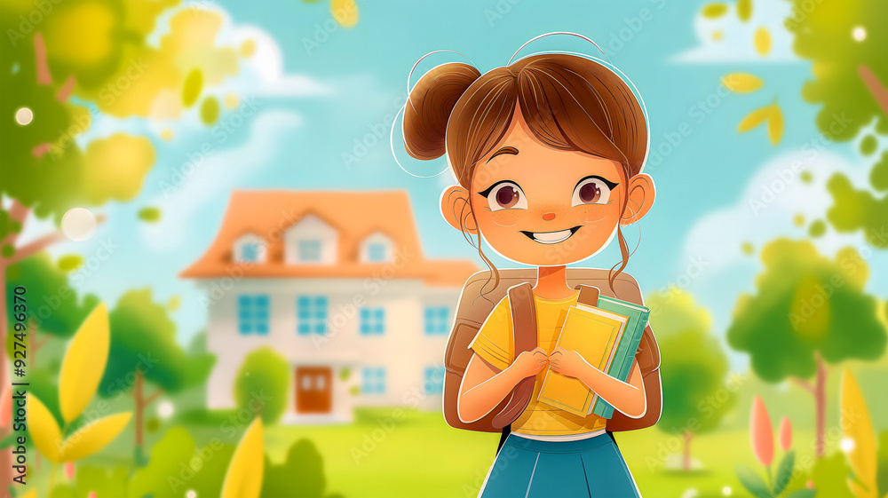 Back to school. A funny teenage girl with notebooks and textbooks in ...