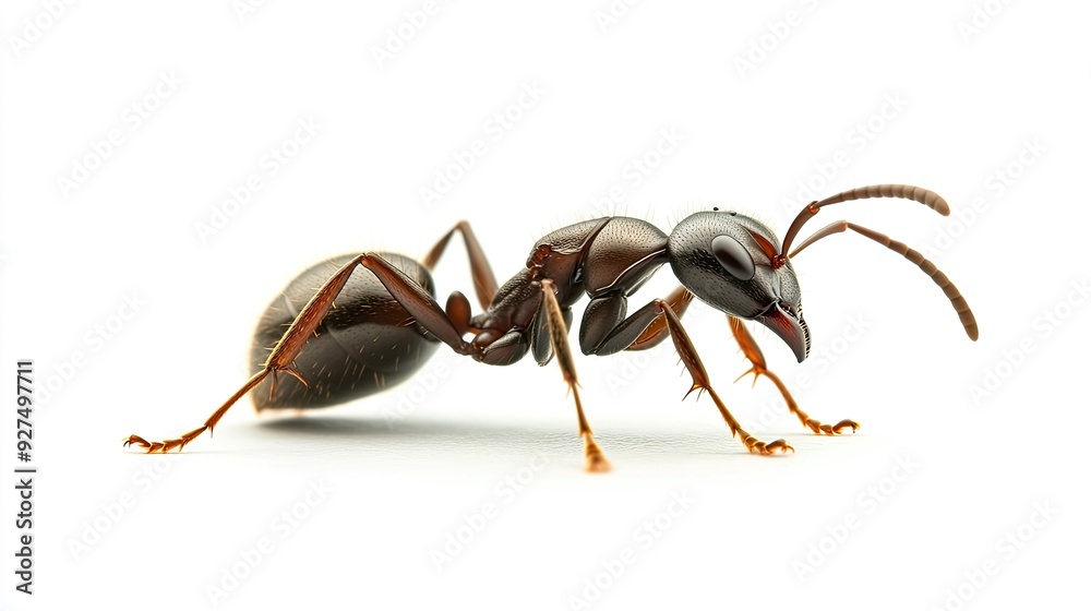 A single ant positioned on a plain white background, emphasizing the ...