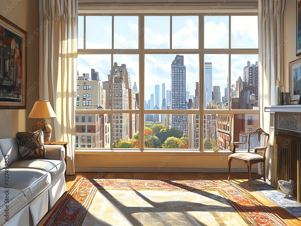 Artistic depiction of a domestic living room with large windows framing ...