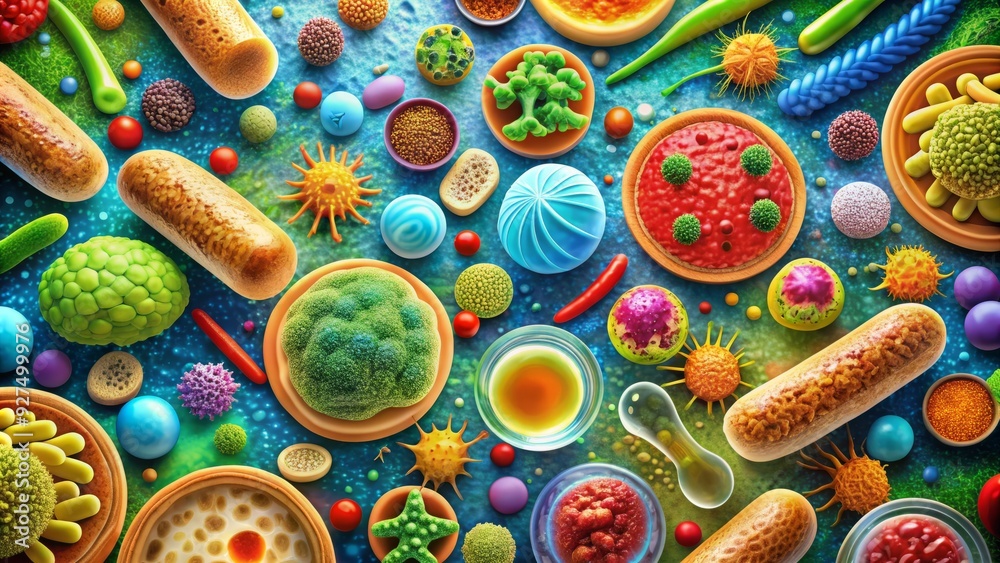 Colorful illustration of various microorganisms such as bacteria, yeast ...