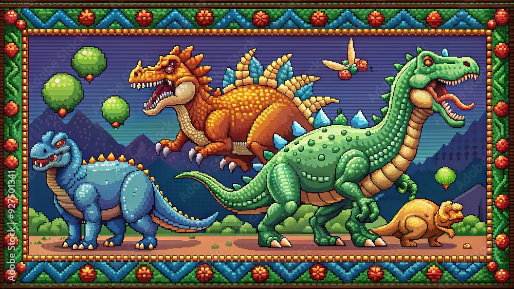 Colorful pixel art illustration of friendly dinosaurs, including a T ...