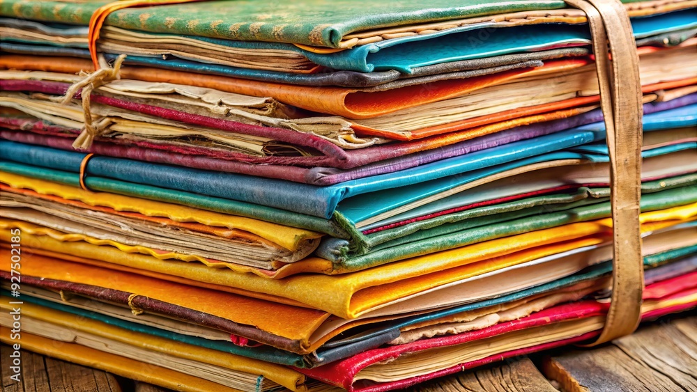Colorful stack of old and new journals with worn edges and curled pages ...