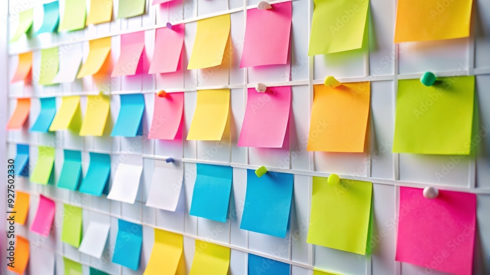 Colorful sticky notes and markers scattered on a white storyboard ...