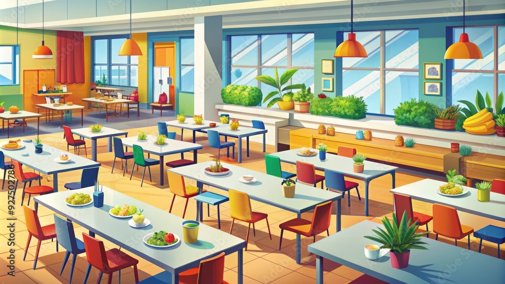 Colorful vector illustration of a bustling school cafeteria scene with ...