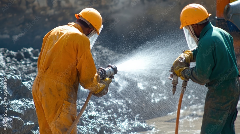 Workers using high-pressure water jets for extraction. Miner in the ...