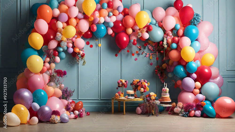 Bright and cheerful birthday scene with balloons in every corner. Stock ...
