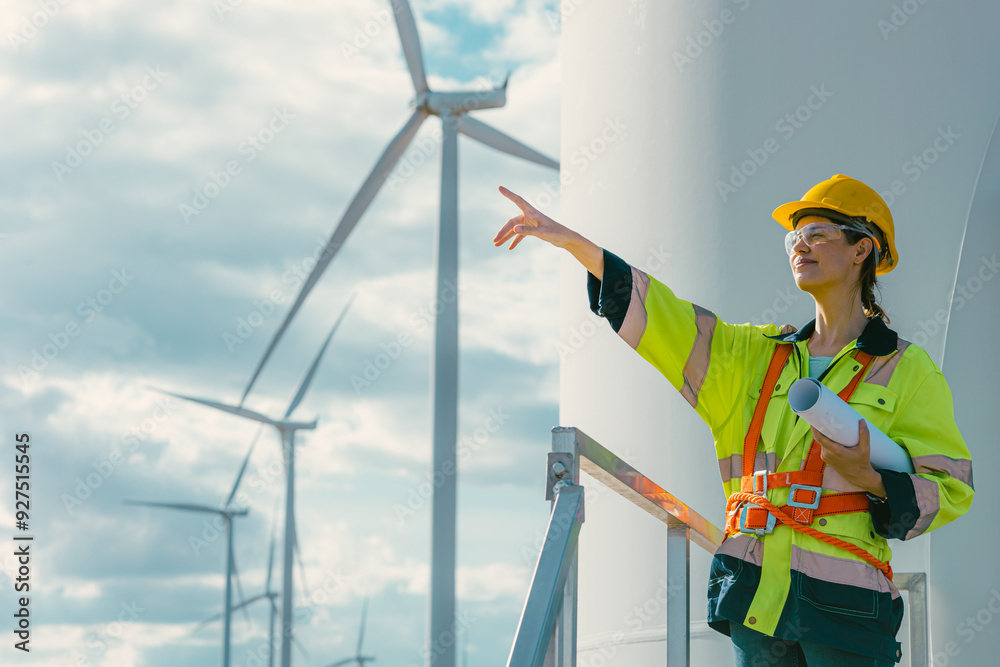 female engineer working outdoor with safety at wind turbines clean ...