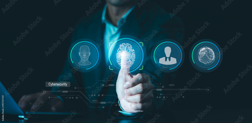 Cybersecurity Technology Concept Futuristic Biometric Authentication Touching Hologram Of