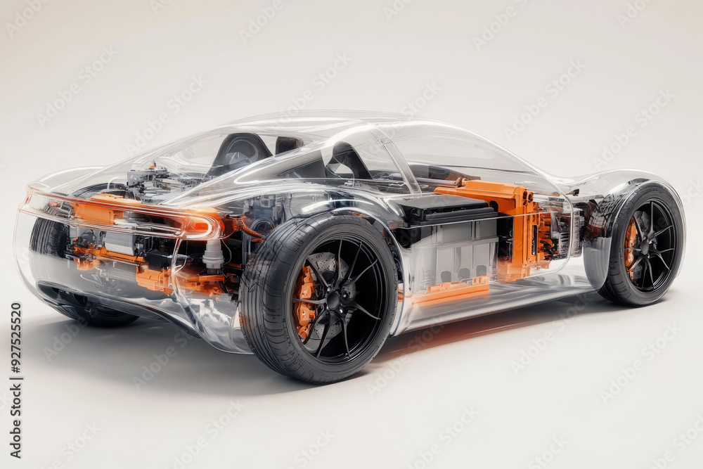 Cutaway view of electric car with battery engine and powertrain on ...