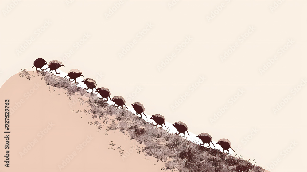 2D vector drawing of dense line of lemmings walking up a hill ...