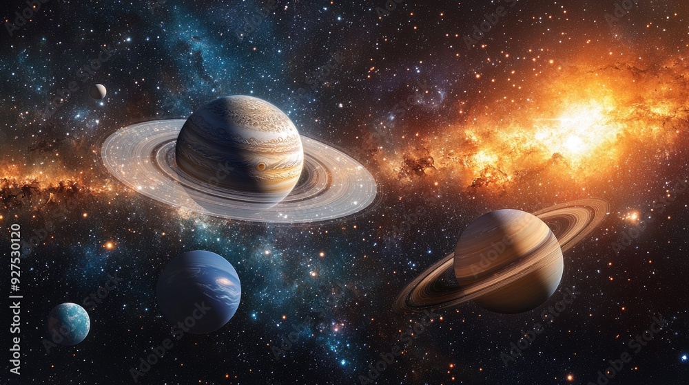 Illustration of the solar system with a focus on Earth, Jupiter, and ...