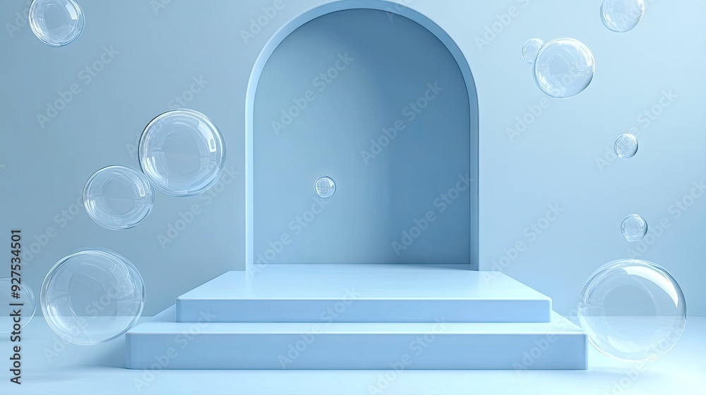 Realistic 3D blue podium stage with soap bubbles. Rounded rectangular ...