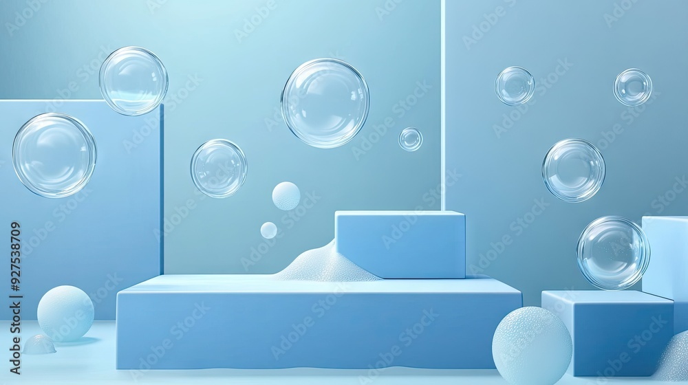 Stylish blue podium stage with bubbles floating in the air. 3D vector ...