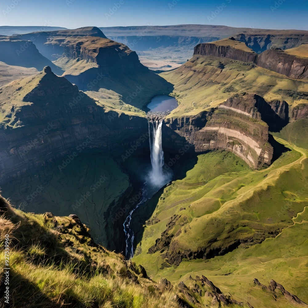 Breathtaking aerial view of the Tugela Falls plunging down the cliffs in the Drakensberg ...