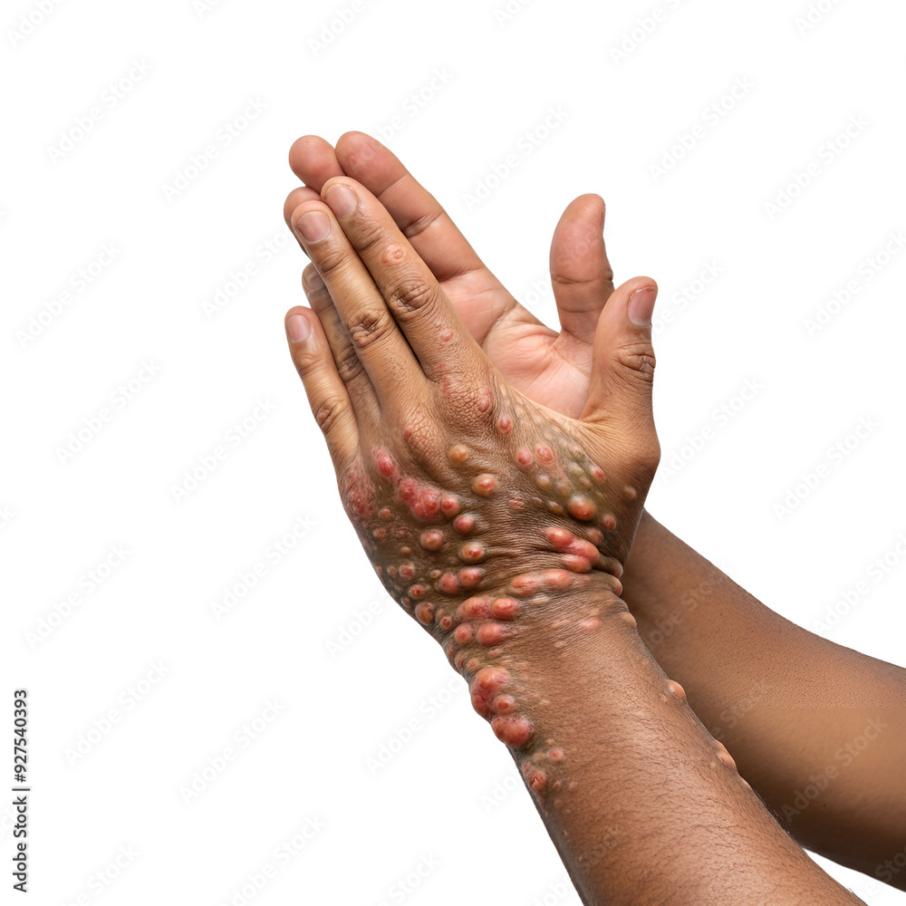 Male hands with rash. PNG. Isolated background. Patient with Pox viral ...