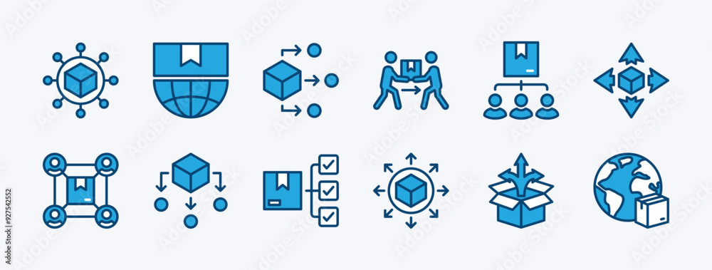 Set of package delivery distribution icon. Global shipping connection ...