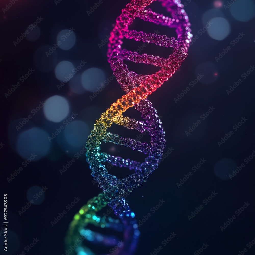 Microscopic view of DNA double helix as a rainbow bridge, dark ...