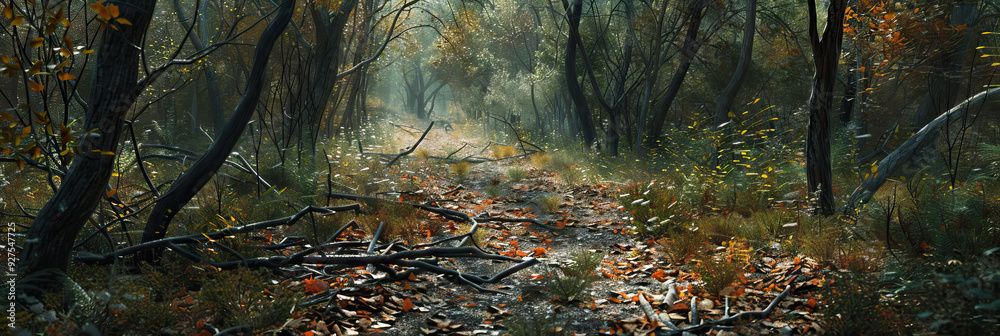 Forgotten Path: An overgrown trail in the woods, with fallen leaves and ...