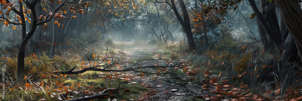 Forgotten Path: An overgrown trail in the woods, with fallen leaves and ...