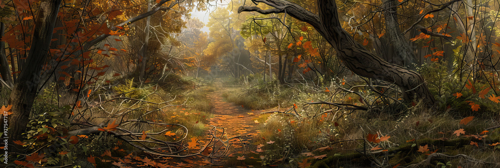 Forgotten Path: An overgrown trail in the woods, with fallen leaves and ...