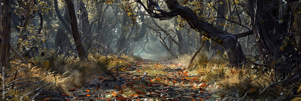 Forgotten Path: An overgrown trail in the woods, with fallen leaves and ...