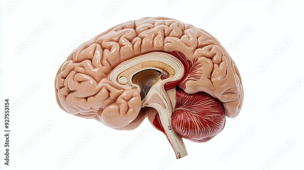 A detailed anatomical model of the human brain with a cross-section ...