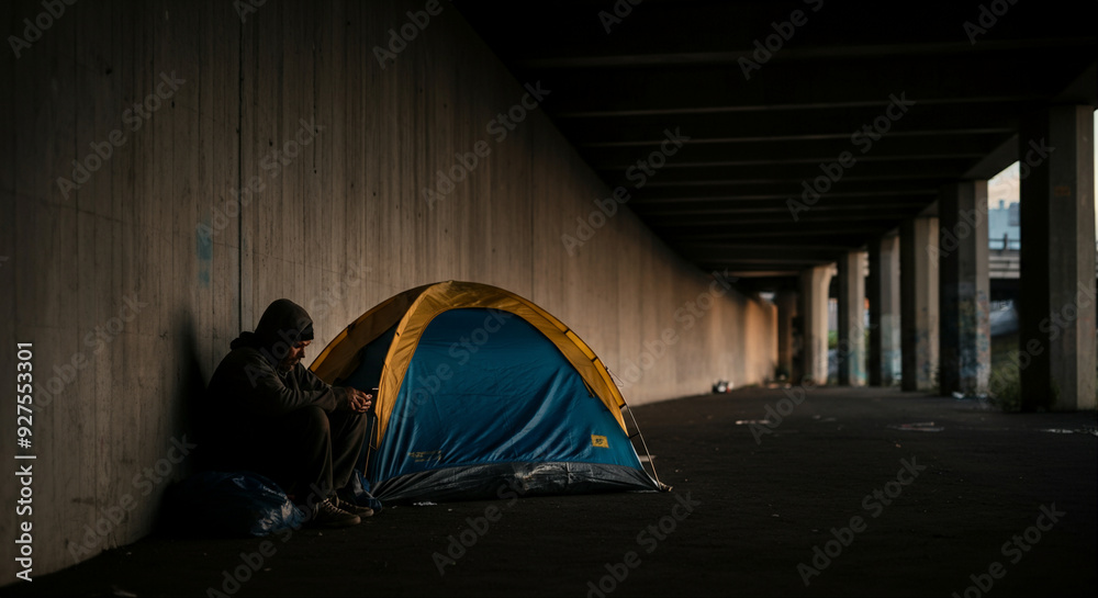Tent Shelter for Homeless Person Under Bridge. A blue and yellow tent ...