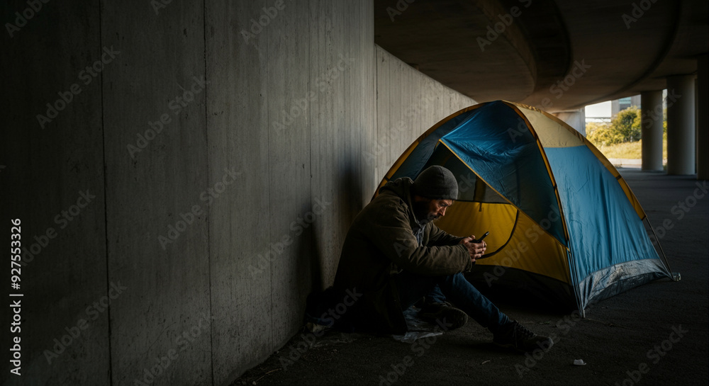 Homeless man sitting beside a blue and yellow tent under a bridge. The ...