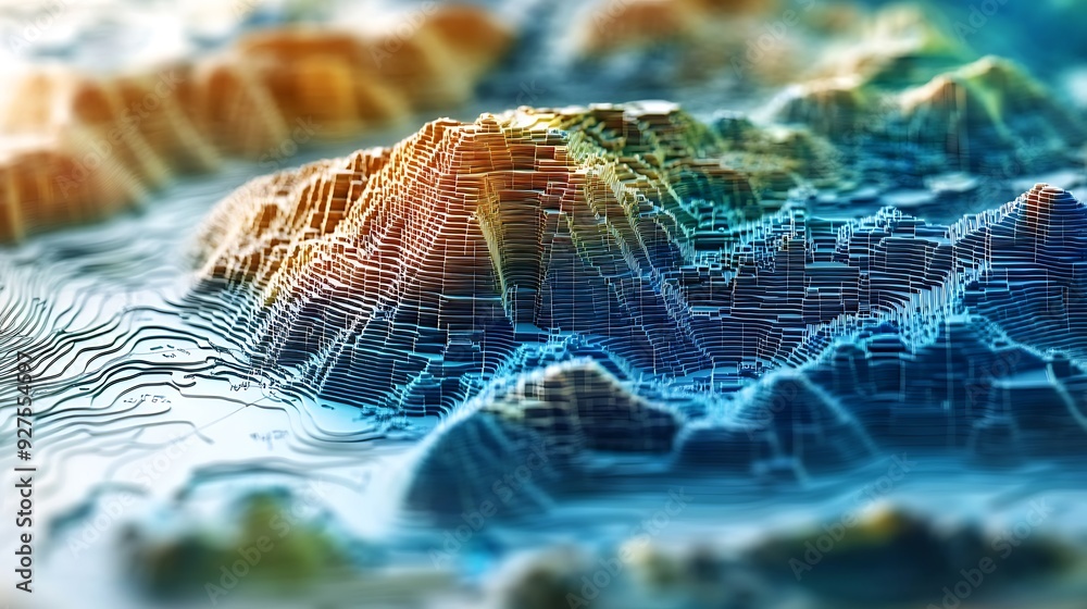 GIS geodata mapping concept featuring a detailed, layered terrain model ...