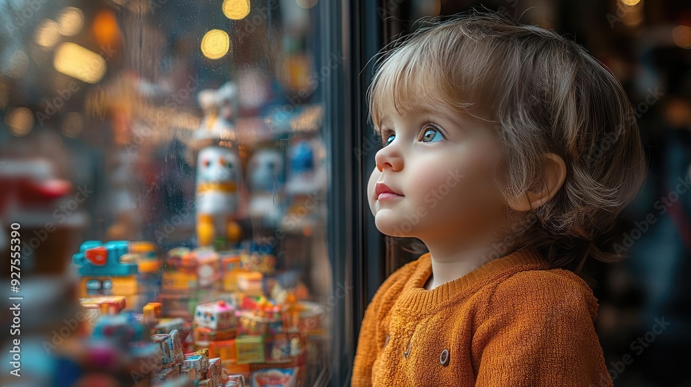 A child peering into a shop window filled with toys, illustrating the ...
