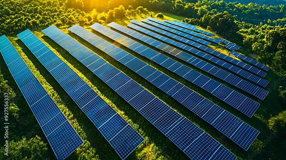 An aerial view of a massive solar panel field, with rows of panels ...