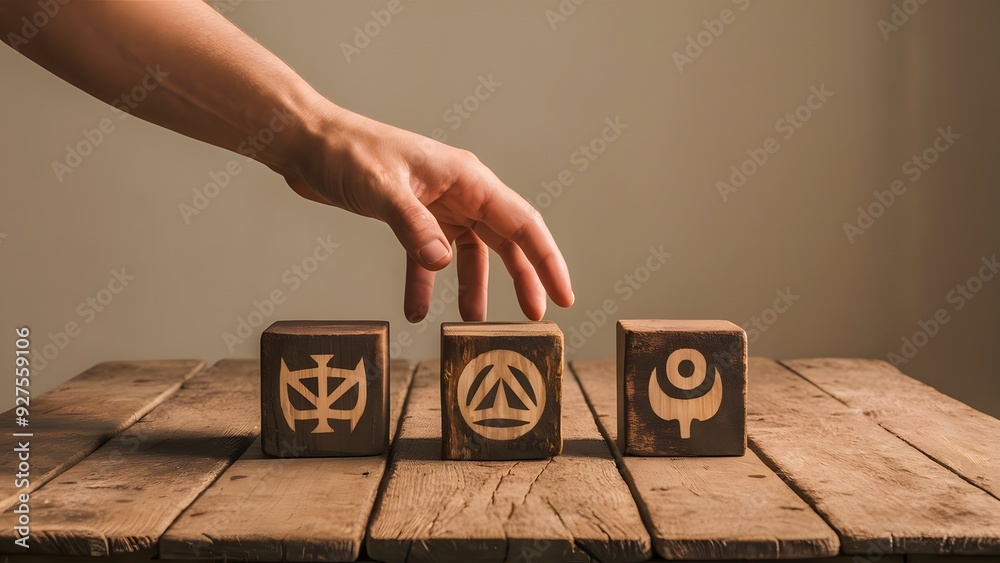 Three wooden blocks with different symbols, a human hand reaching ...