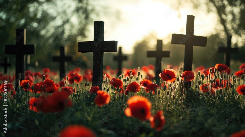 Crosses marking soldiers' graves stand amidst blooming poppies ...