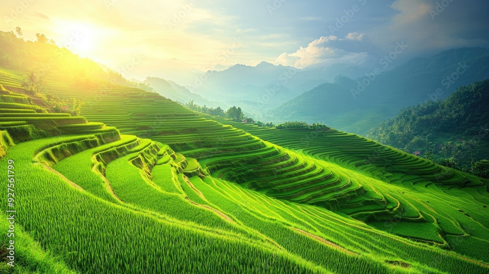 Expansive panoramic view of green rice paddy fields in Asia, with ...