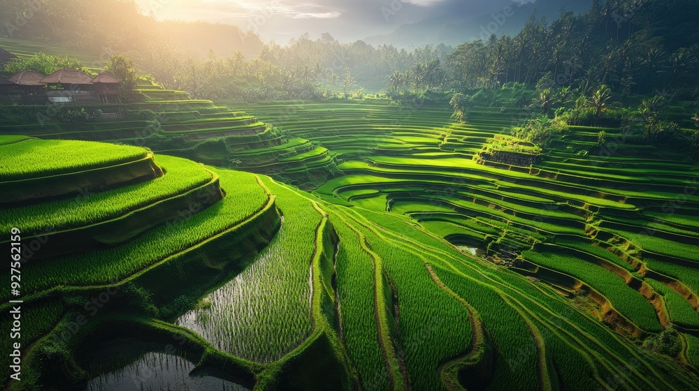 Expansive panoramic view of green rice paddy fields in Asia, with ...