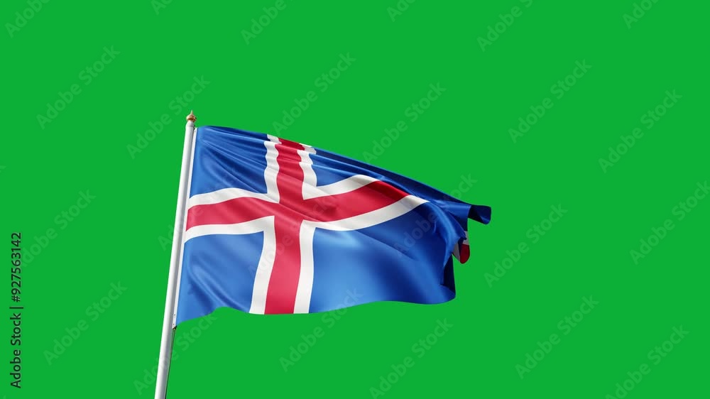 Flag of Iceland on a green screen, no background, flag on a flag pole ...