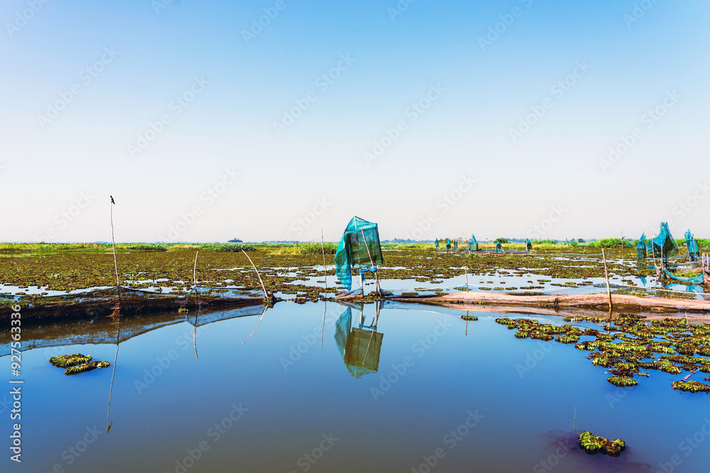 Traditional fish trap with beautiful landscape view. Shrimp and crab ...
