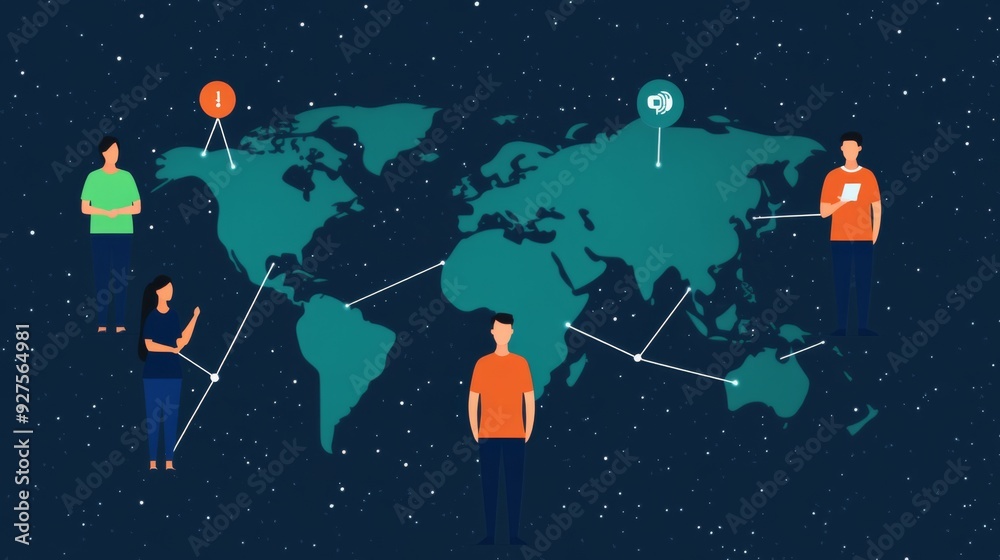 Illustration of global teamwork showing people connected through a ...