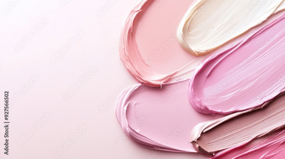 Swatches of pink and white paint smeared in curved strokes on a pale ...