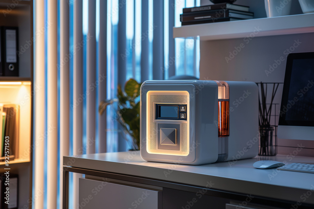 High-tech biometric safe that unlocks with a fingerprint scan, set in a ...