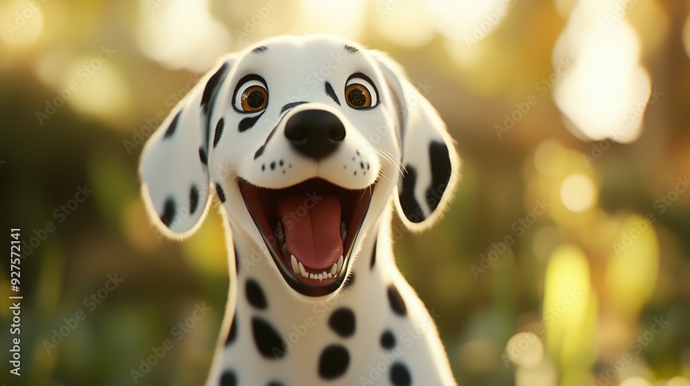 A playful Dalmatian with its ears flopped and a big grin, captured in a ...