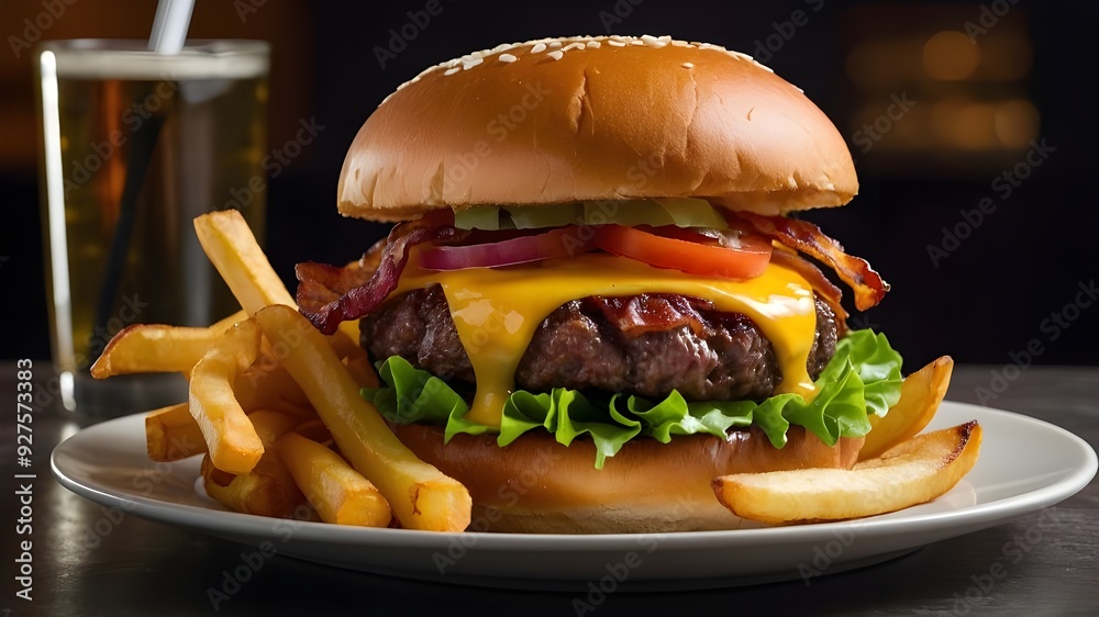 A gourmet burger stacked high with a juicy beef patty, melted cheese ...