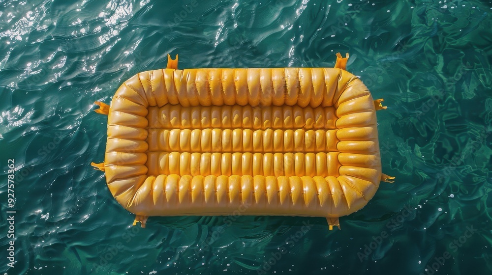 Yellow inflatable raft on a body of water. The raft has multiple ...
