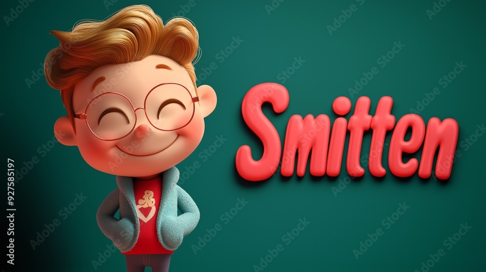 A cartoon boy with glasses and a smile on his face. The word "smitten ...