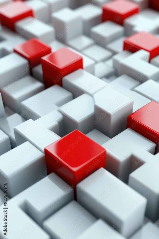 Abstract 3D geometric background with red and white blocks forming a ...