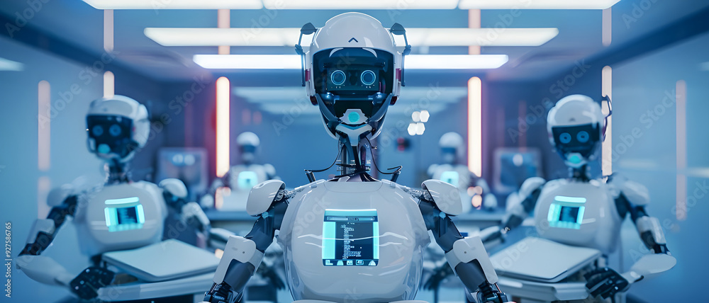 A group of humanoid robots in a cutting-edge AI research facility ...